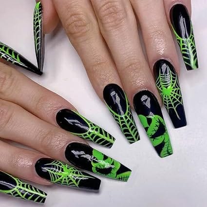Best LANOVA Halloween Black Long Coffin Nail with Neon Green Heart ...