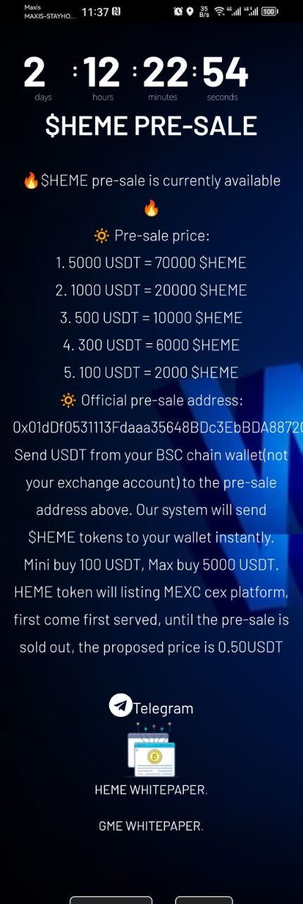 HEME token pre-sales available now , before listing on CEX https://heme ...