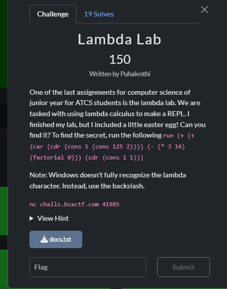 Lambda Lab — BCACTF Writeup. Challenge Description | by Dr.kasbr | Medium