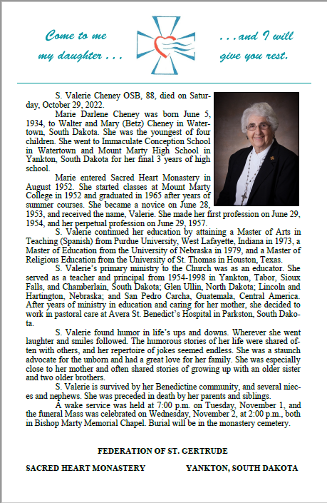 Let Perpetual Light Shine Upon Her — Sister Valerie Cheney - Sacred ...