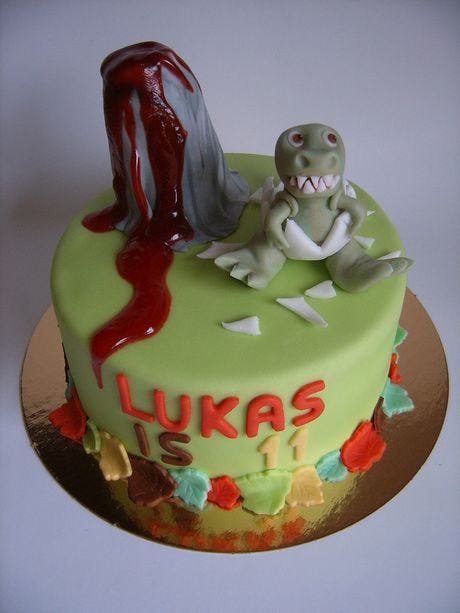 Dinosaur baby t-rex volcano birthday cake | by WeyDesign | Medium