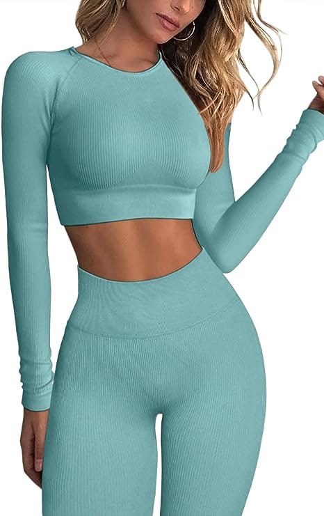 QINSEN Seamless Workout Outfits for Women 2 Piece Ribbed Long Sleeve Crop Top Tummy Control ...