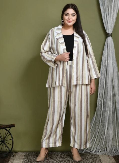 Plus Size Beige Striped Co-ord Set - Desinoor - Medium