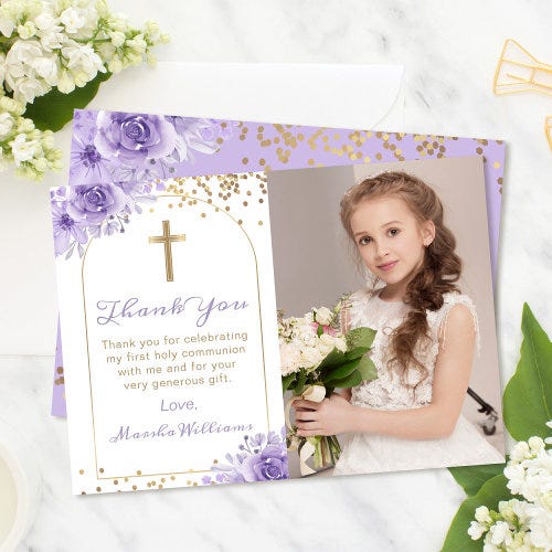 Best Price! Arch Gold Purple Floral First Holy Communion Photo Thank ...