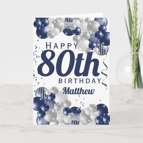 Big Deals! 80th Birthday Navy Balloons Card for $4.12 - Hooyi - Medium