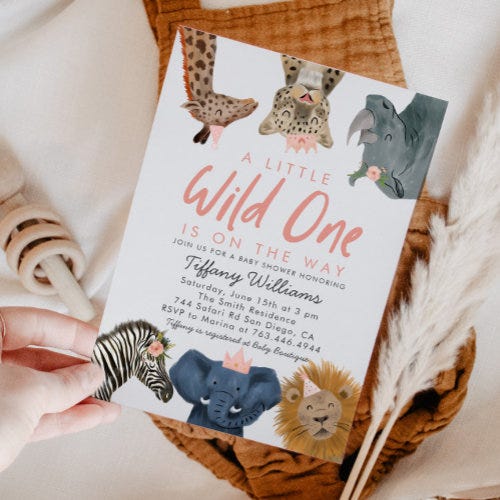 Big Deals! Wild One Safari Animals Girl Baby Shower Invitation - Tavi - Medium