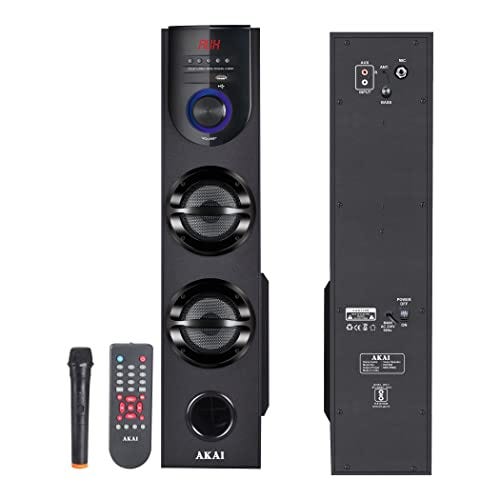 Akai HA-TS60 60W Bluetooth Tower Speaker Wooden Cabinet 5.25" Subwoofer ...
