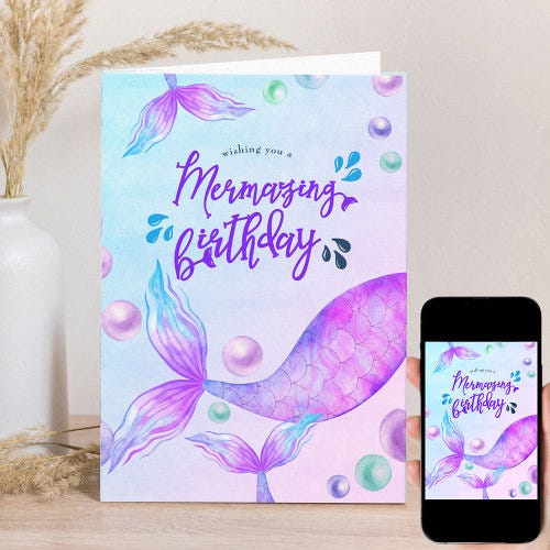 Hot Review! Mermazing Birthday Bright Mermaid Personalized Card for $3. ...