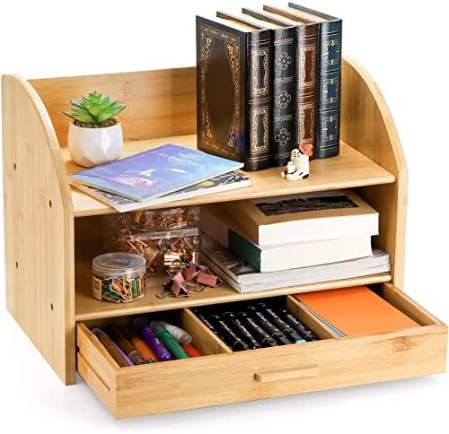 Okllen Bamboo Desk Organizer, Natural Wood Shelf Organizer for Desk ...