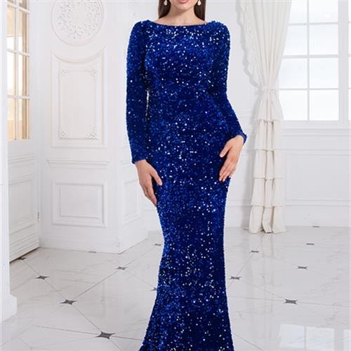 Women Modest Stretch Sequin Royal Blue Evening Prom Gown Party - 50 Shades Of Land - Medium