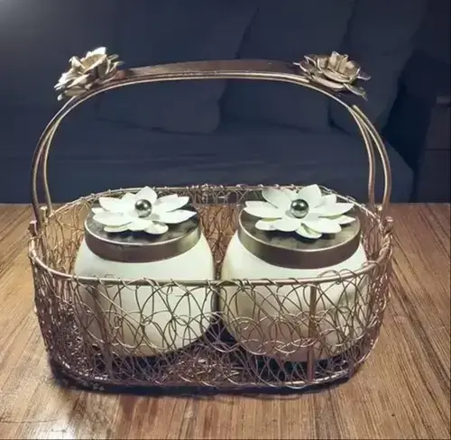 Metal 2 Dry Fruit Jar with Designer Gold Color Oval Basket Gift Set ...