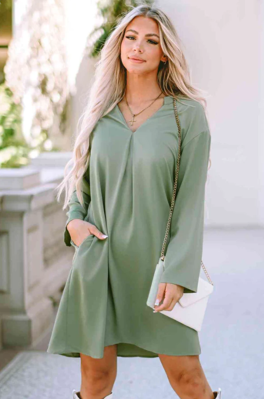 Notched Long Sleeve Dress with Pockets - gypsyheart - Medium