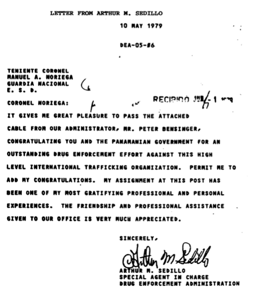 Carta de Arthur M. Sedillo, DEA -1979 - General Manuel Antonio Noriega ...