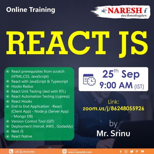 👉Attend Free Demo On React JS by Mr.Srinu. - Techprasanna - Medium