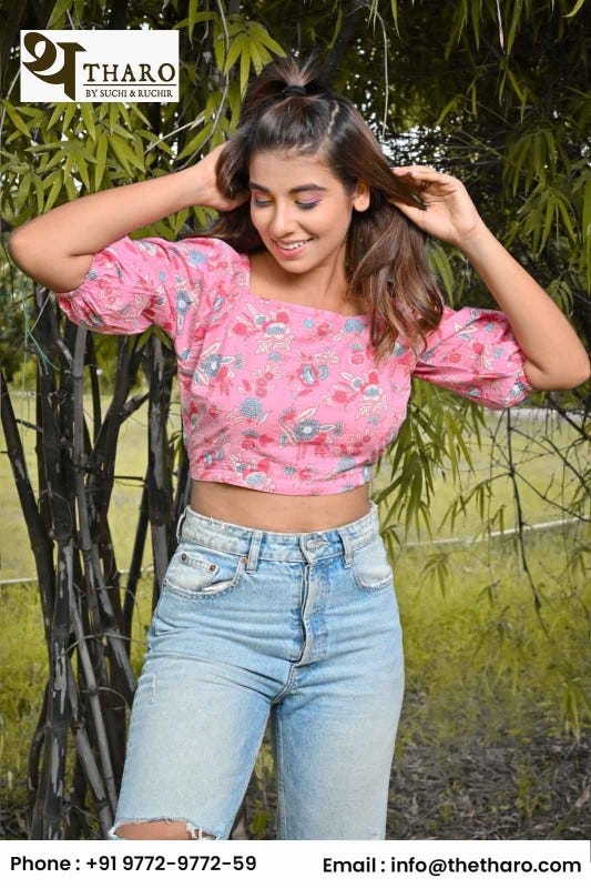 Pink Floral Cotton printed crop top - the tharo - Medium