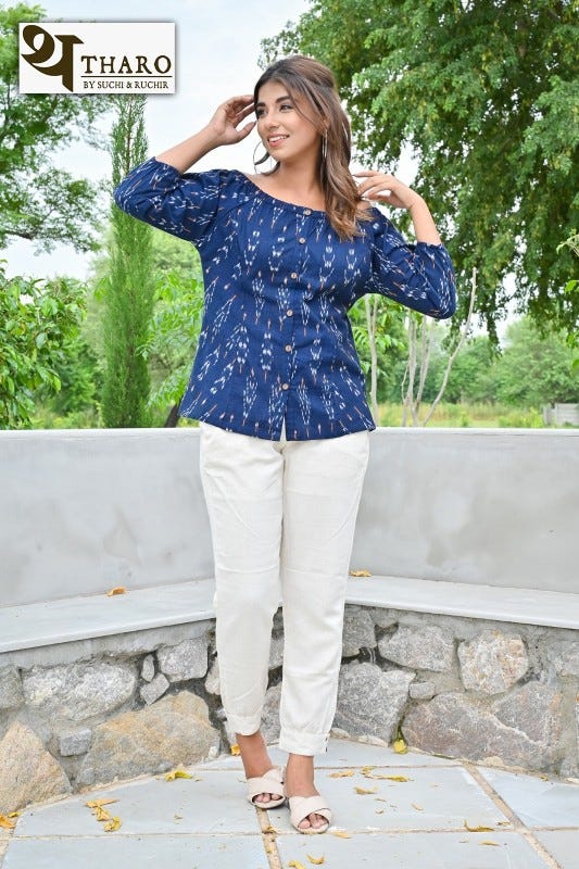 Navy Blue Off-Shoulder Balloon Sleeves Cotton Ikat Handloom Top - the ...