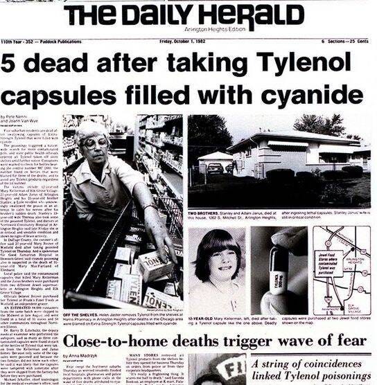 The 1982 Chicago Tylenol Murders. On September 29, 1982, 12-year-old ...