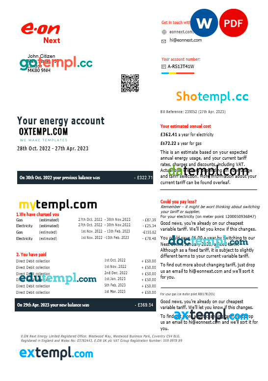 United Kingdom Eon gas and electricity utility bill in Word and PDF formats, version 7 | by ...