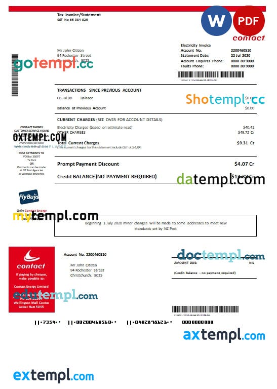 New Zealand Contact Energy proof of energy template in Word and PDF ...