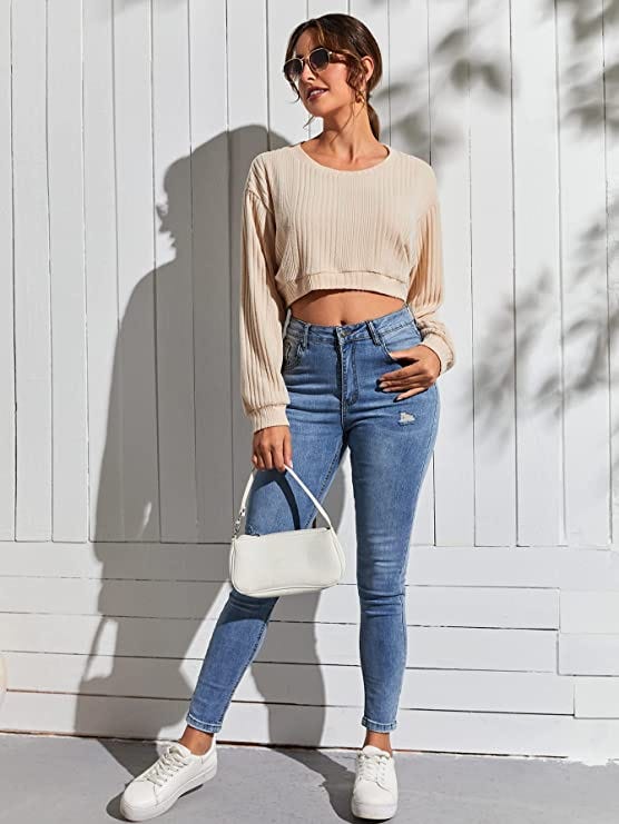 Women’s Crop Tee Drop Shoulder Ribbed Knit - Screenmr - Medium
