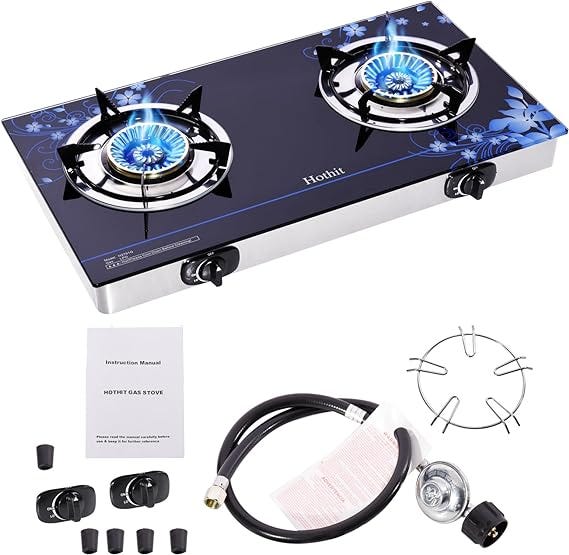Hothit Gas Cooktop 2 Burner Outdoor Propane Stove, 28600 BTU, Portable Auto Ignition LPG ...