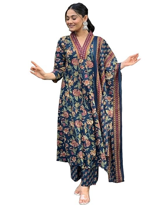 Anarkali Printed Kurta with Palazzo & Dupatta: A Fusion of Tradition ...