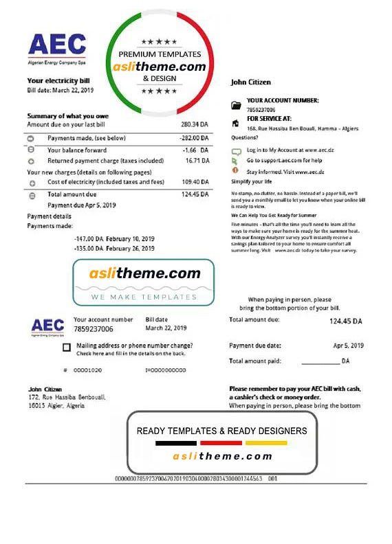 Algeria AEC Algerian Energy Company utility bill template in Word and ...