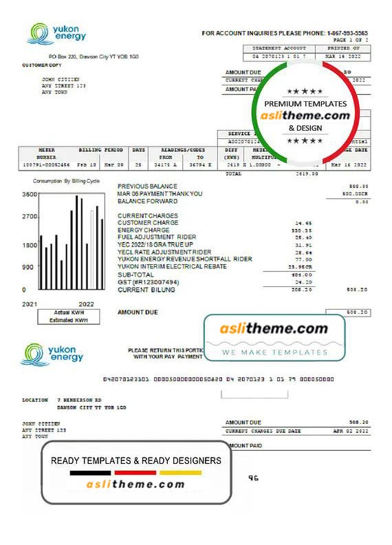 Canada Yukon Energy utility bill template in Word and PDF format ...