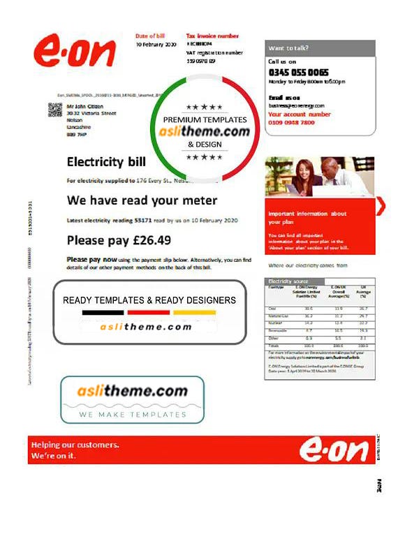 United Kingdom E.ON utility bill template in Word and PDF format ...