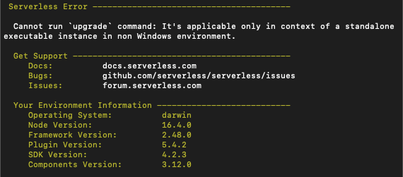 Serverless — Cannot run `upgrade` command: It’s applicable only in context of a standalone ...