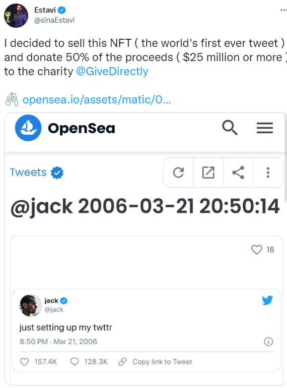 Jack Dorsey’s first tweet NFT went on sale for $48 million, highest ...