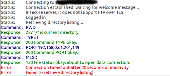Apache FTP Server — Connection timeout after 20 seconds of inactivity — Failed to retrieve ...