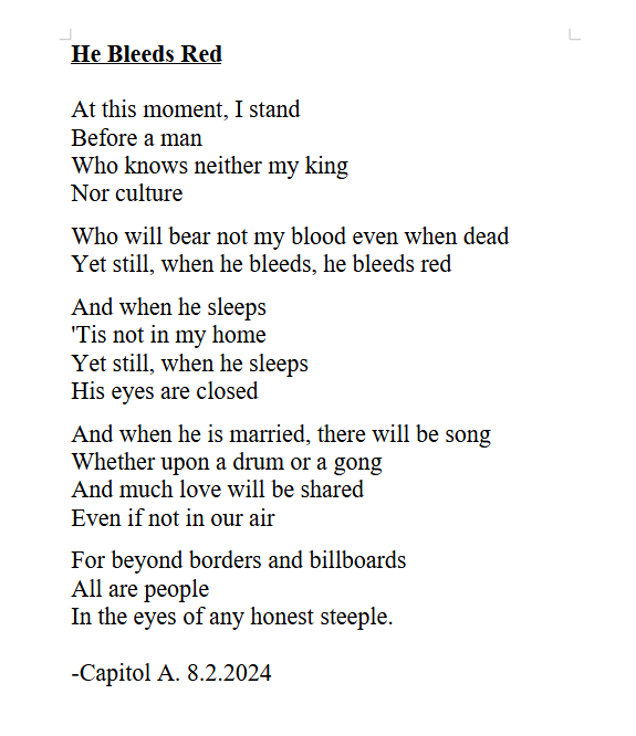 He Bleeds Red — Poem - Capitol A - Medium