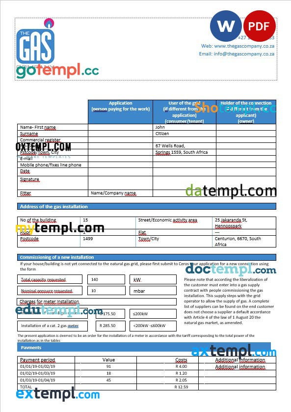 South Africa The GAS Company gas utility bill template in Word and PDF ...
