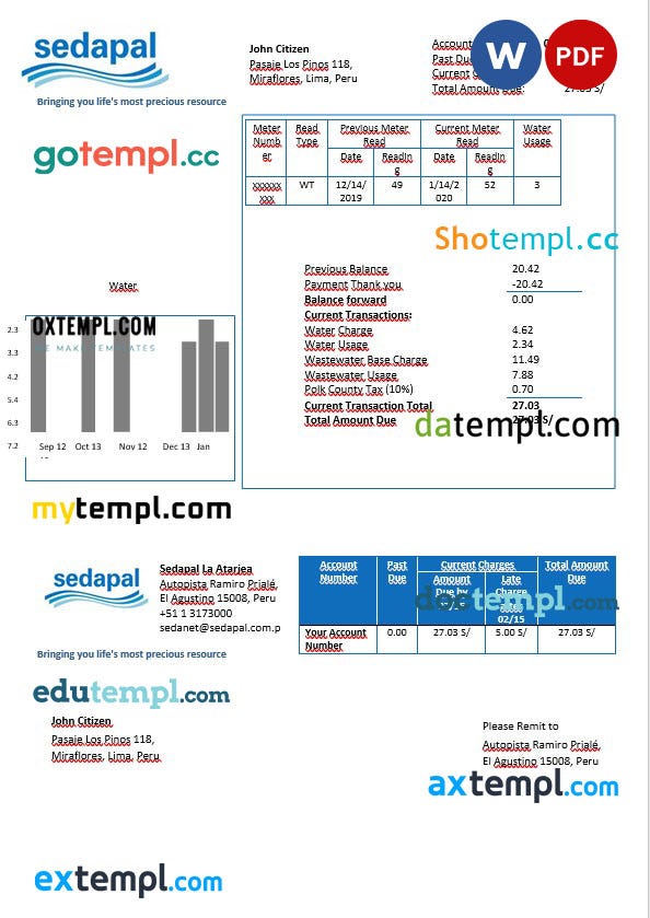 Peru Sedapal La Atarjea water utility bill, PDF and Word download ...