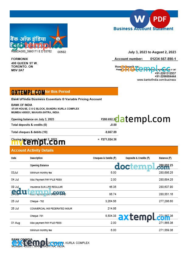 Bank of India company checking account statement Word and PDF template download template | by ...