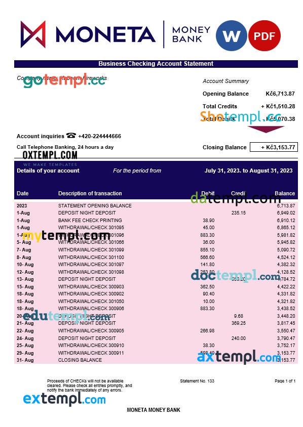 Moneta Money Bank firm account statement Word and PDF template download template | by Intempli ...