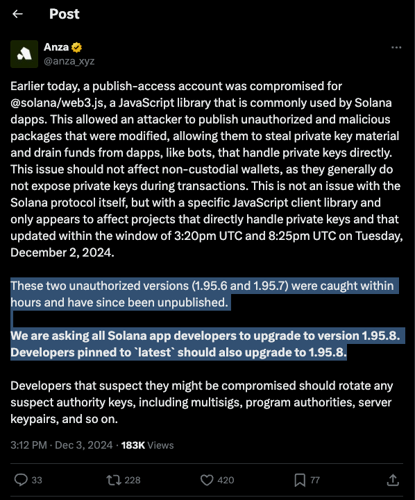 Security First — Addressing Recent Solana Web3.js Vulnerability | by Apeoutcrypto | Dec, 2024 ...