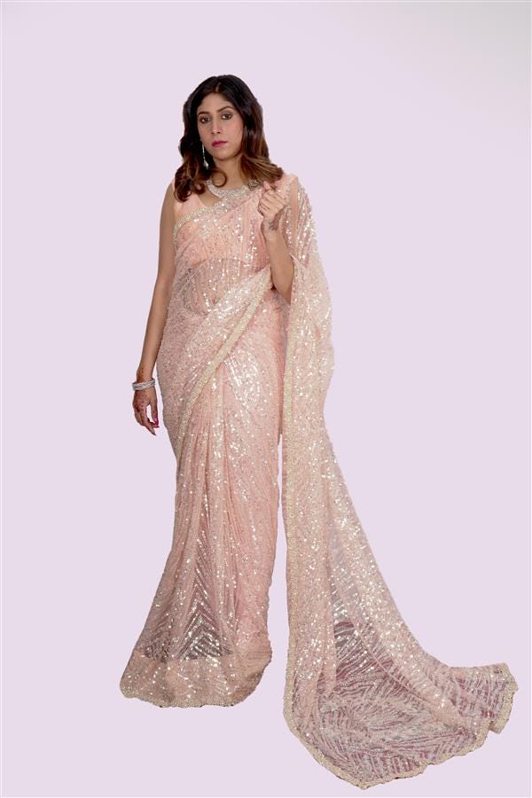 Embrace Elegance: The Peach Sequins Splendor Saree | by ...