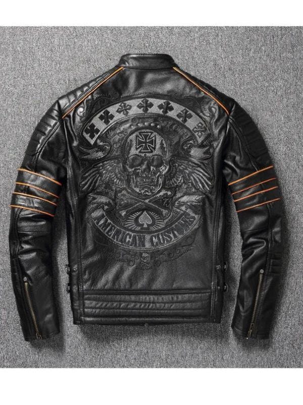 The Urban Baron Skull Black Leather Jacket is a bold and edgy addition to any wardrobe. Crafted ...