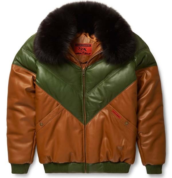 Brown & Green Leather V Bomber Jacket - Mready store - Medium