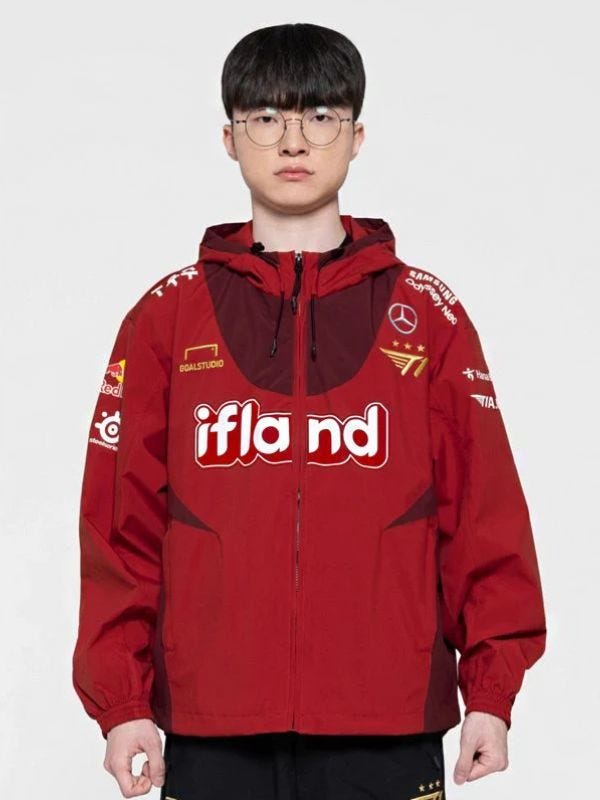 The eye-catching Red 2023 T1 Uniform Worlds Jacket perfectly blends ...