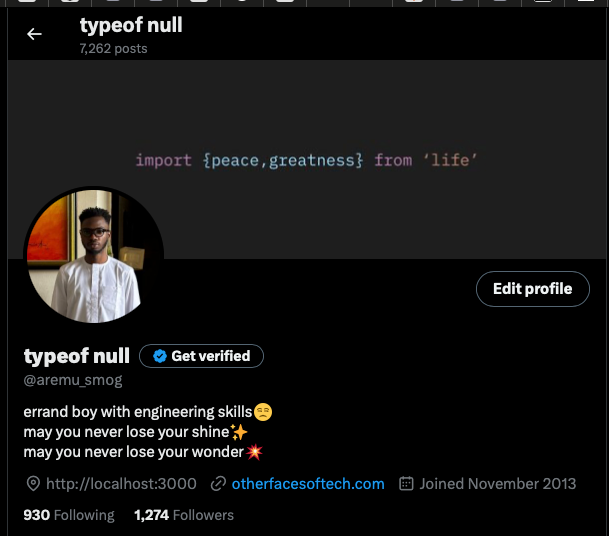 typeof null. My monniker on twitter at the time of… | by Aremu ...