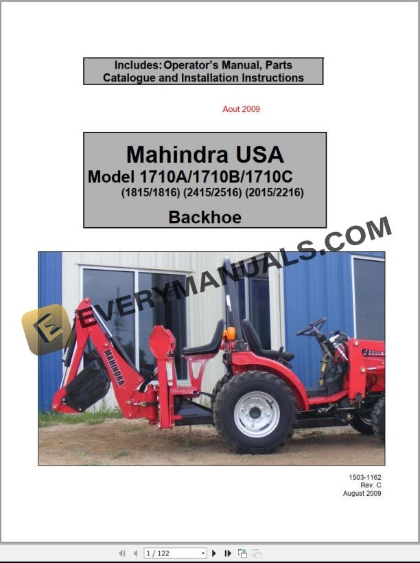 Mahindra Tractor USA Backhoe 1710A 1710B 1710C Operator Manual, Parts Manual, Installation ...