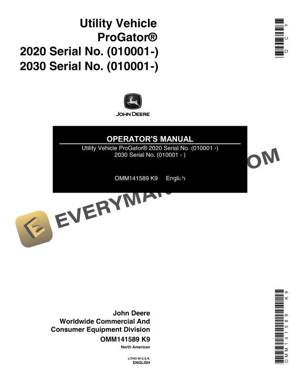 John Deere 2020 2030 ProGator Utility Vehicles Operator Manual ...