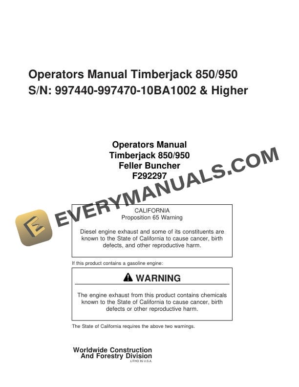 John Deere Timberjack 850 950 Feller Buncher Operator Manual F292297 ...