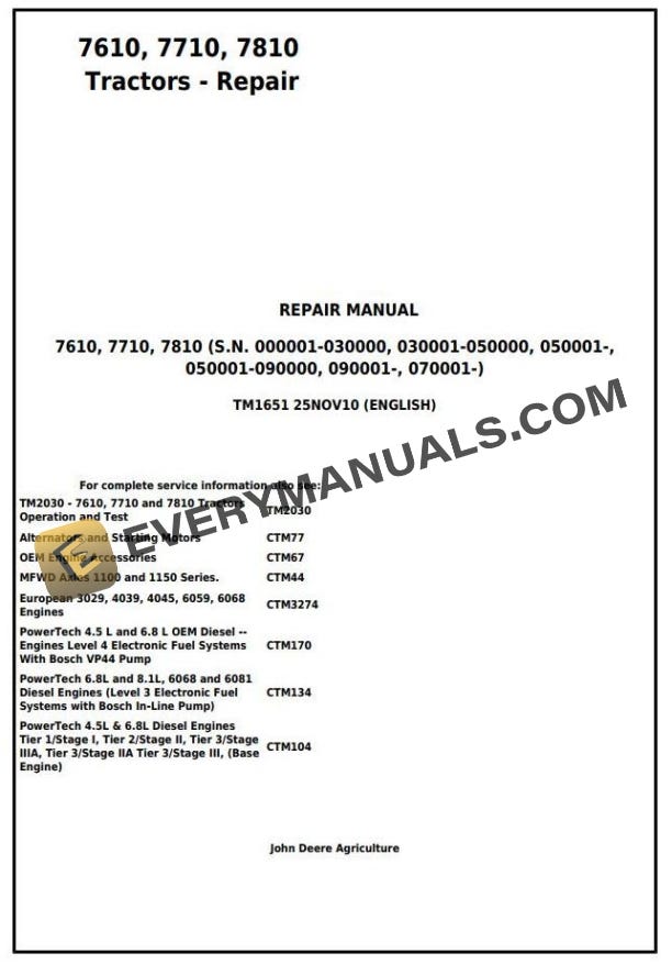 John Deere 7610 7710 7810 2WD MFWD Tractor Repair Technical Manual ...