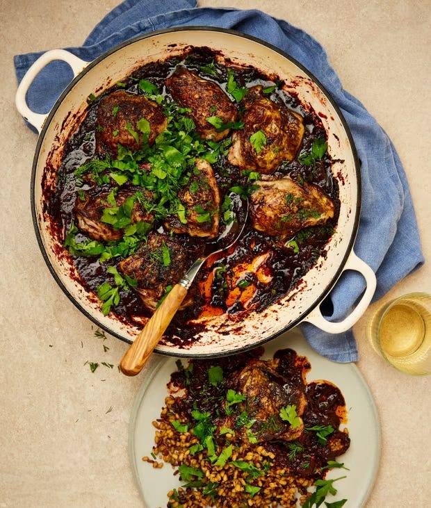 Chicken with charred tomato and hibiscus tinga, and coffee flan ...