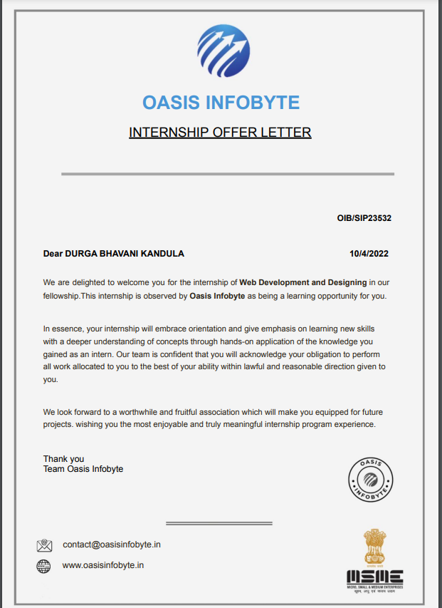 OASIS INFOBYTE INTERNSHIP. My Experience : | by Durga Bhavani Kandula | Medium