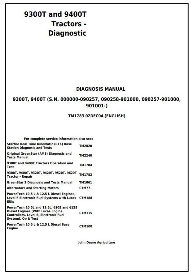 John Deere 9300T 9400T Tractor Diagnosis Technical Manual TM1783 ...